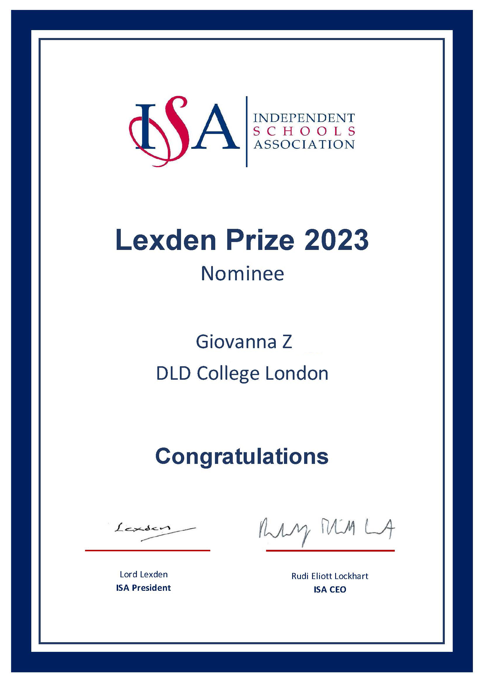 ISA Lexden Prize Nomination | 6th Form College London | DLD College London